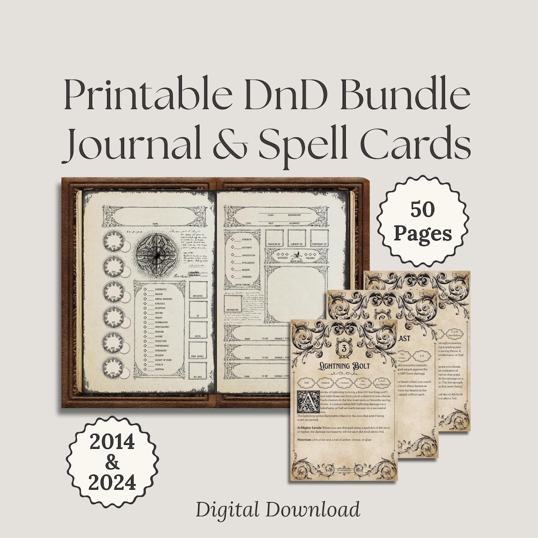 Printable Dnd Journal + Dnd 2024 & 2014 Spell Cards | Dnd Character ...