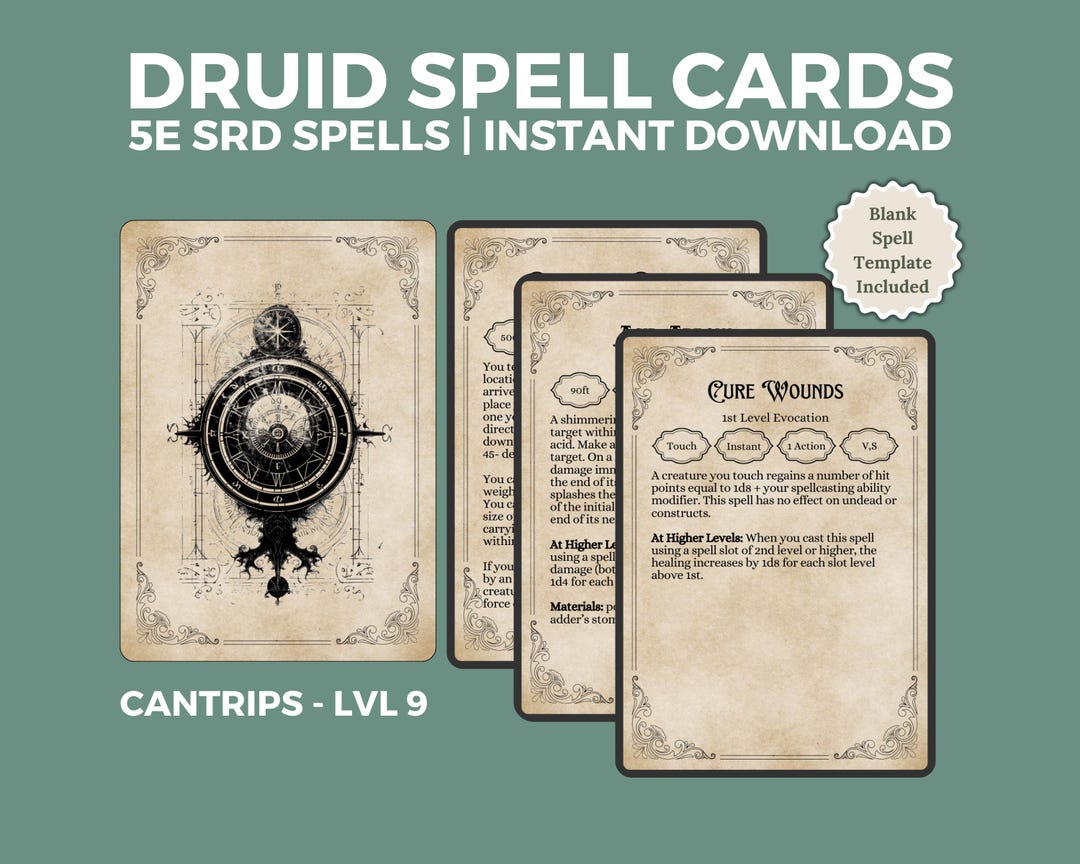 Dnd Spell Cards Druid 5e Spellcards D&D Spellbook Cards Dnd Props Dnd ...