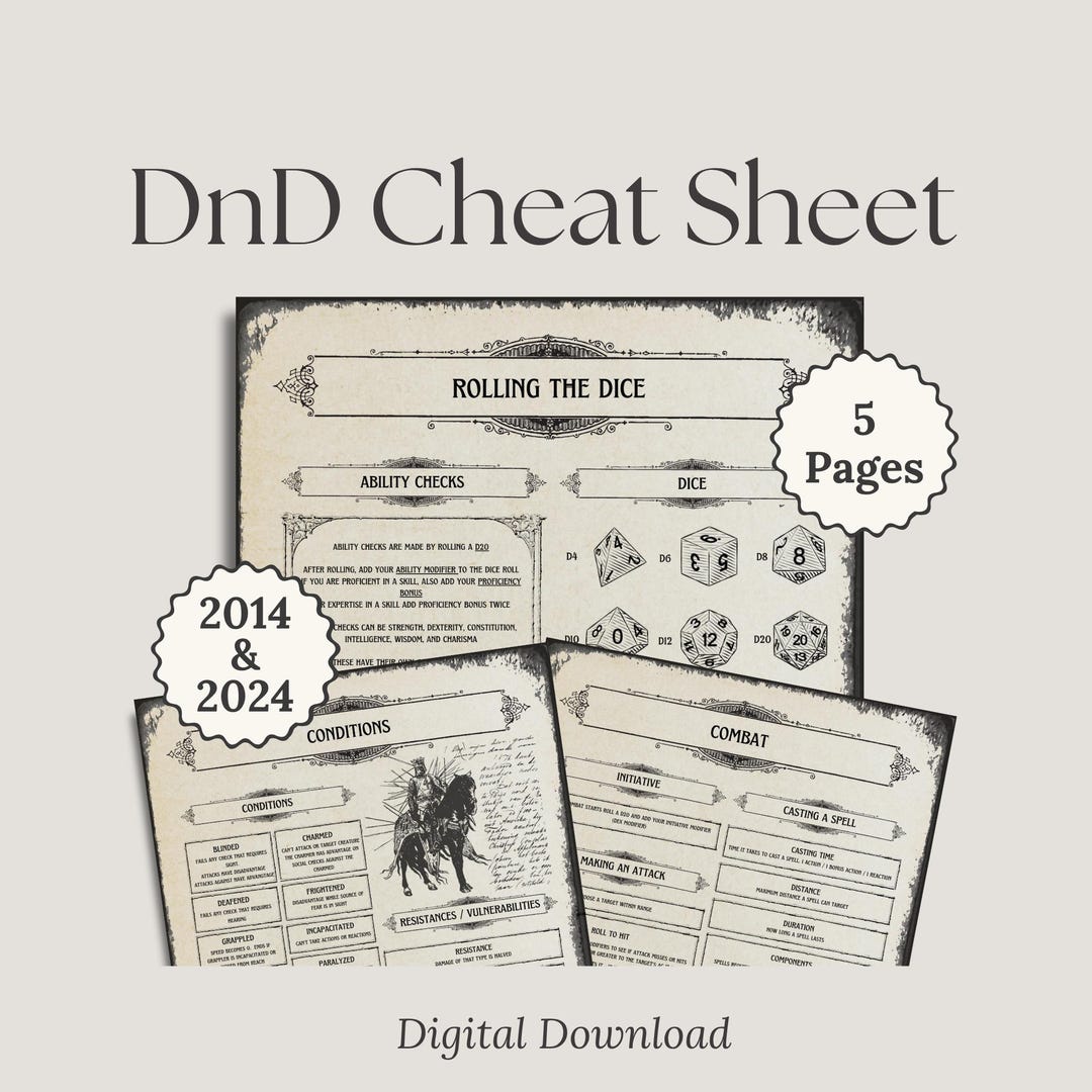 Dnd 2024 & 2014 Cheat Sheet Player Guide | Dnd 5e Reference Sheet | Dnd ...