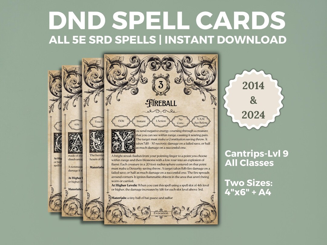 Dnd Spell Cards 2024 & 2014 Bundle | All Classes | Dnd Spellbook Cards ...
