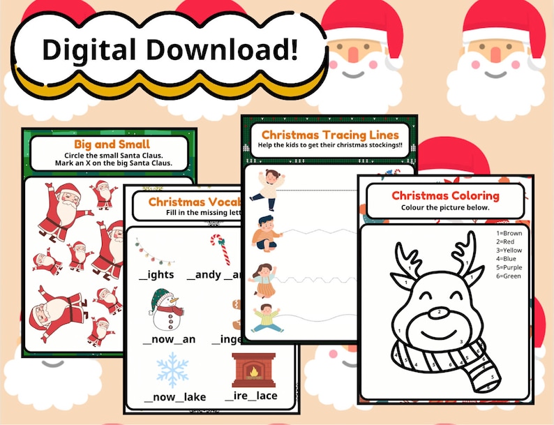 Printable Christmas Activity Pack for Kids: Preschool Kindergarten ...
