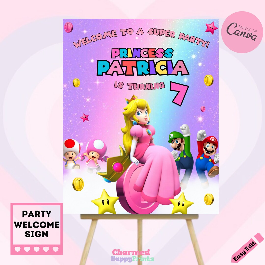 Princess Peach Welcome Birthday Sign Princess Peach Birthday Party ...