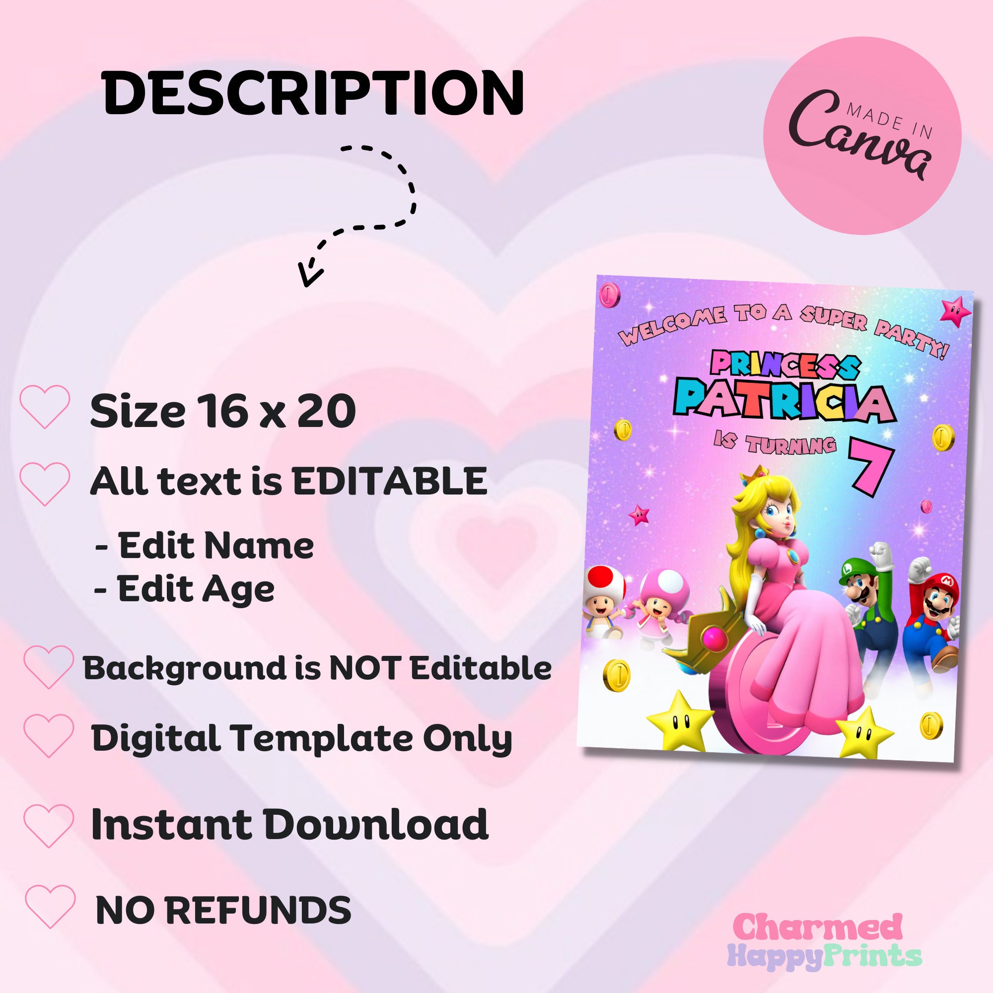 Princess Peach Welcome Birthday Sign Princess Peach Birthday Party ...