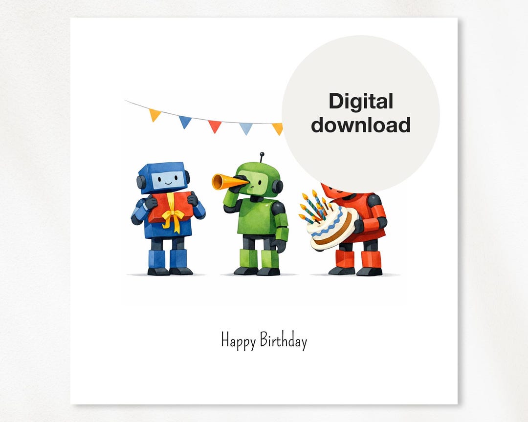 Watercolor Robot Happy Birthday | Scandinavian Greeting (digital ...