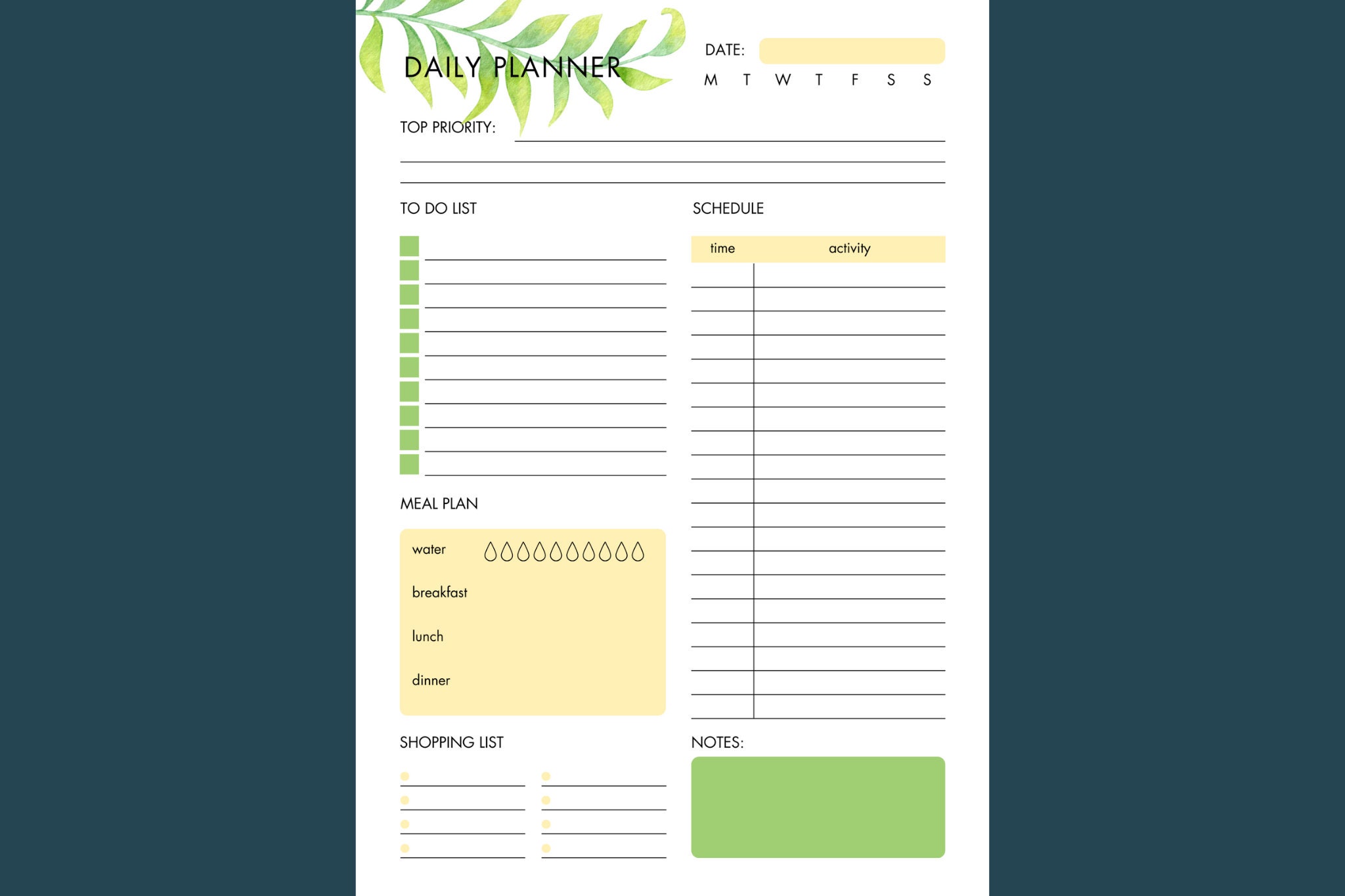 Daily Planner Organiser Vertical to Do List Green Yellow Schedule ...