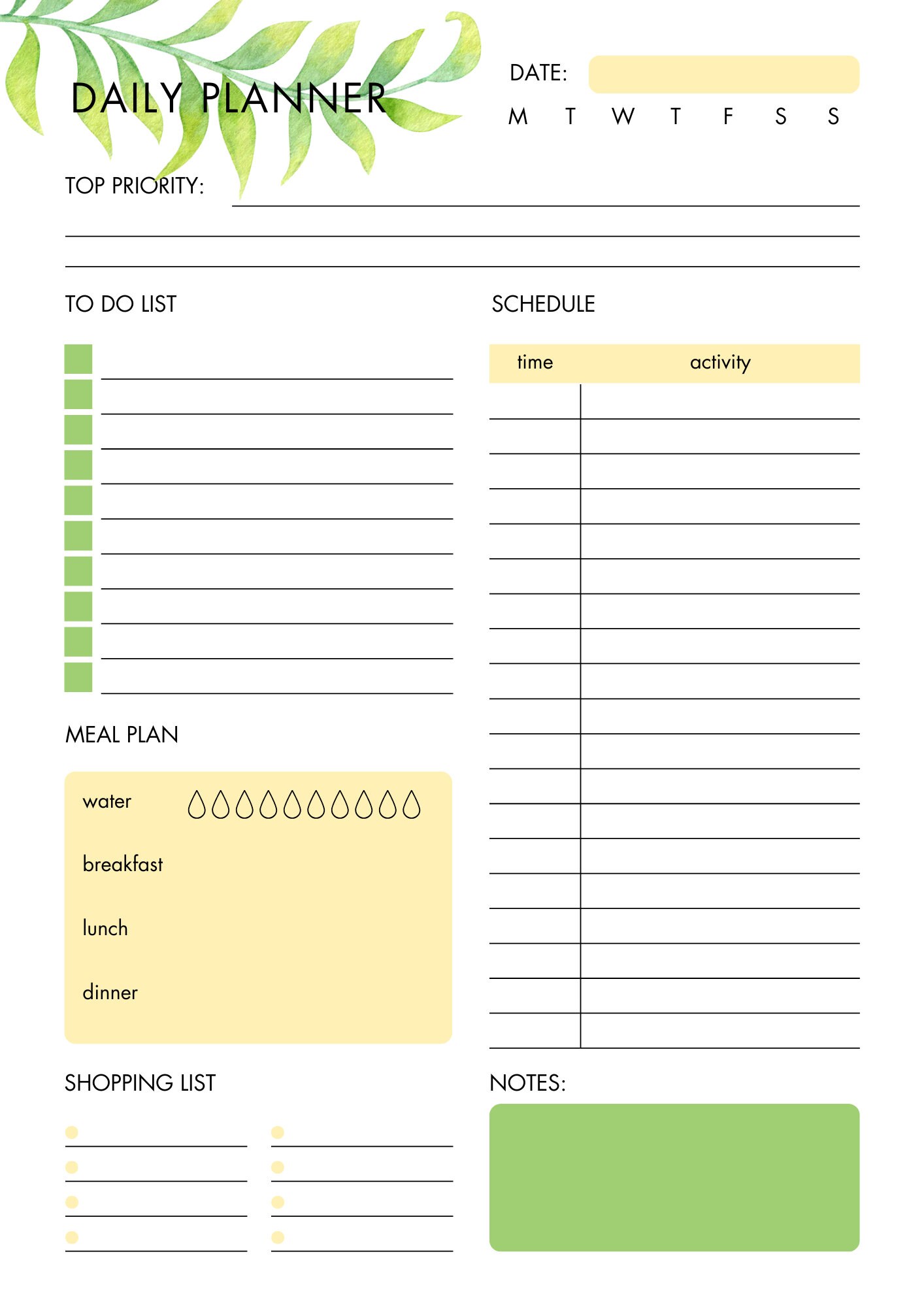 Daily Planner Organiser Vertical to Do List Green Yellow Schedule ...
