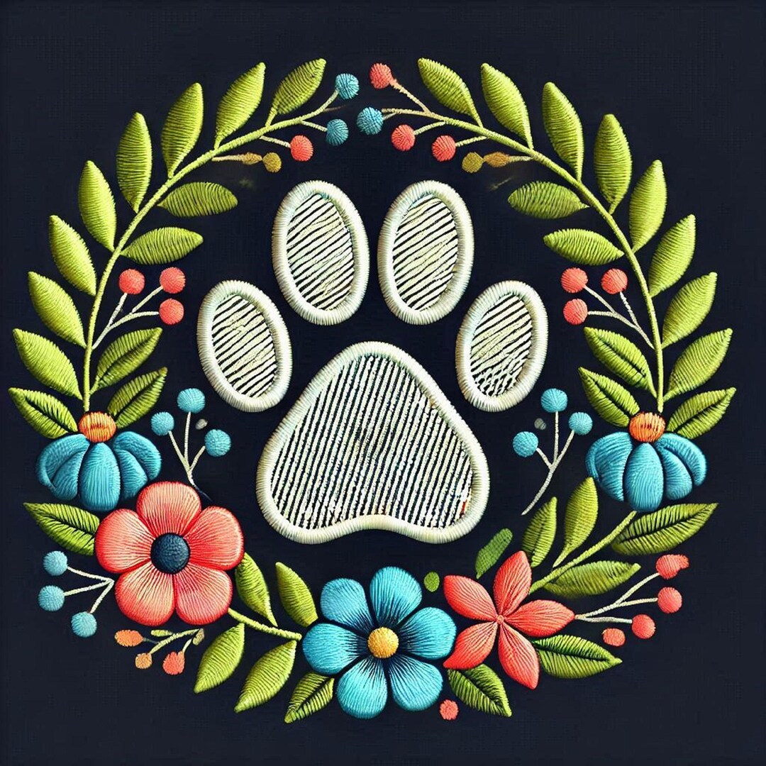 Floral Pet Paw Print Embroidery Design 4x4 / Floral Paw Print Machine ...