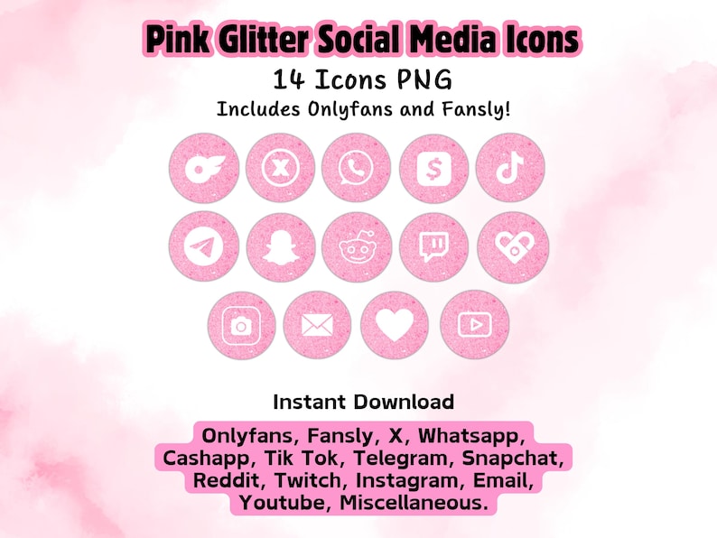Pink Glitter Social Media Icons | Twitter X Icon Youtube Png | Onlyfans ...