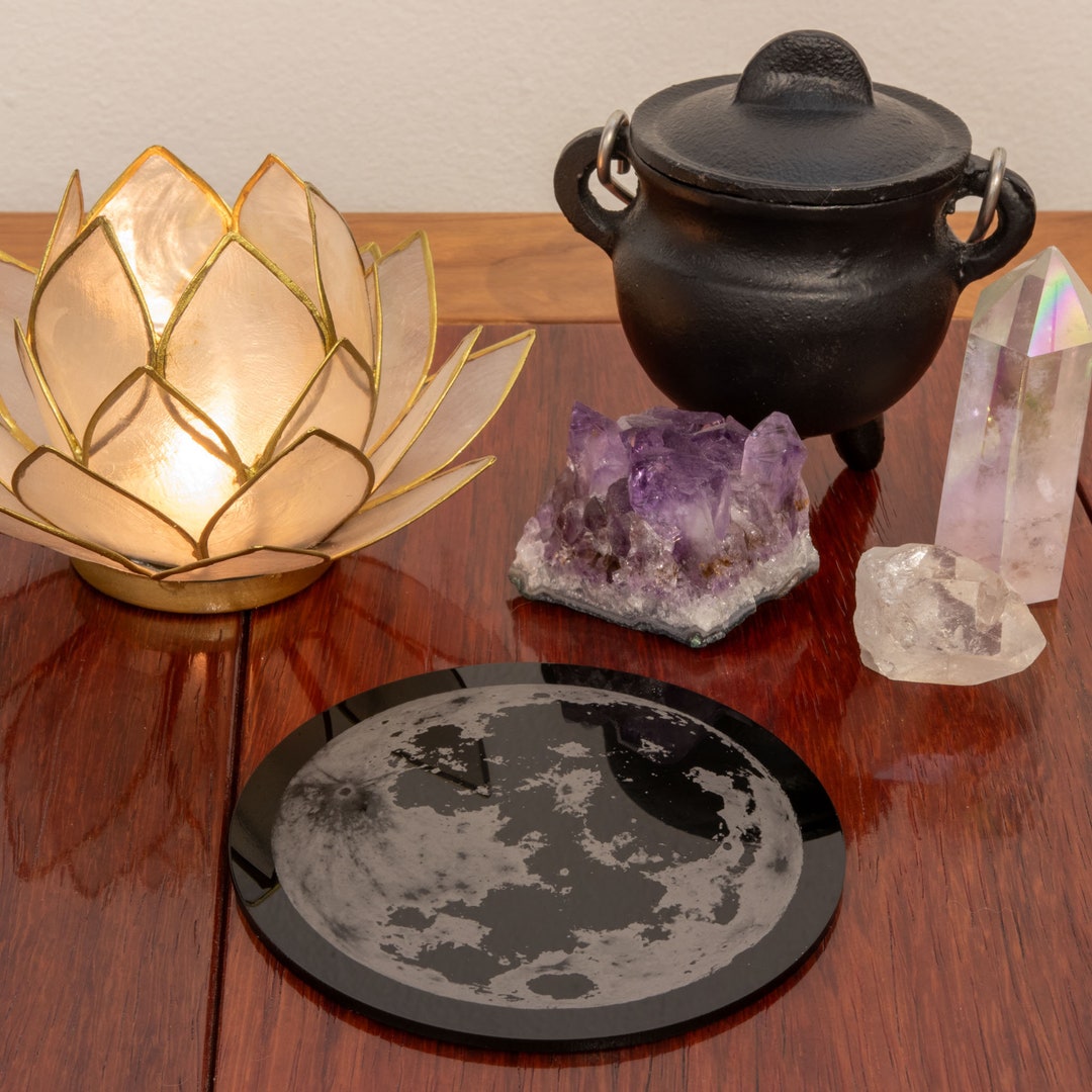 Photorealistic Full Moon Altar Plate Laser Engraved Black Acrylic Lunar ...