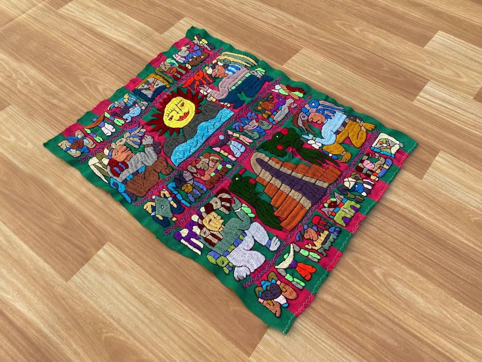 Vintage Hand-embroidered Mayan Story Cloth – Colorful Folk Art Textile ...