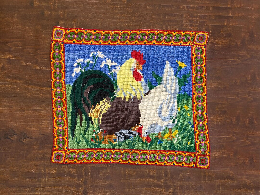 Handcrafted Needlepoint Farmhouse Tapestry – Rustic Rooster & Hen Decor ...