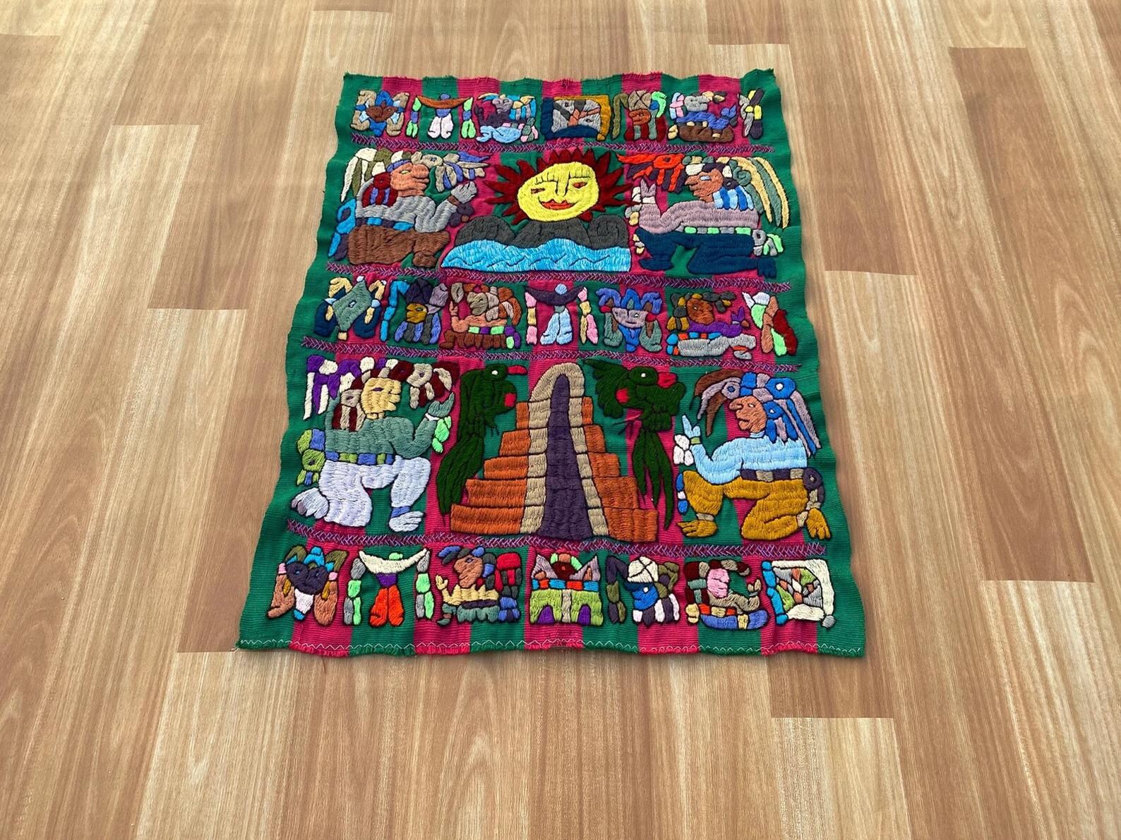 Vintage Hand-embroidered Mayan Story Cloth – Colorful Folk Art Textile ...