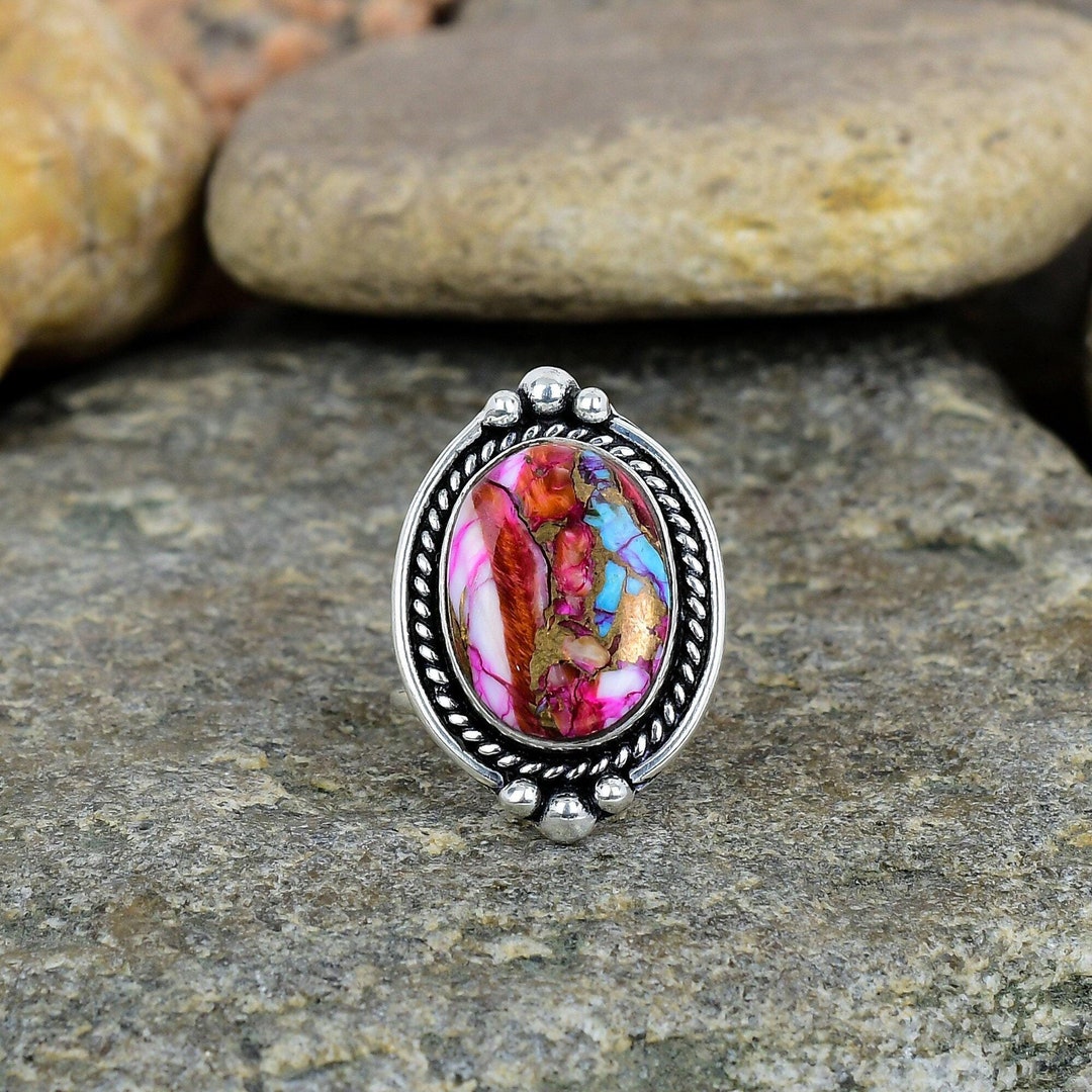 Pink Spiny Oyster Turquoise Ring: Silver Boho Ring - Etsy UK