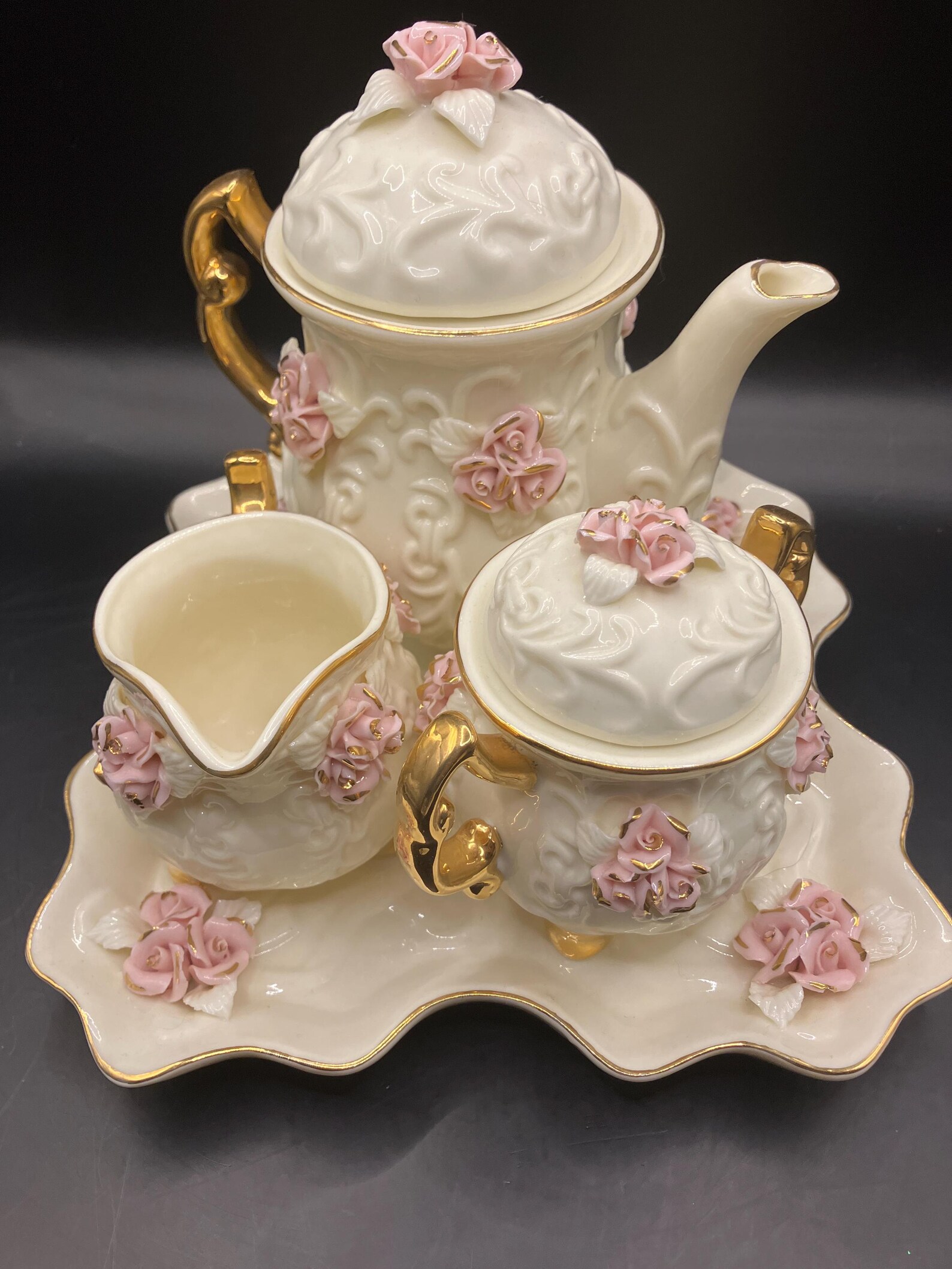 Vintage Porcelain Pink Rose and Gold Trim 4 Piece Tea Set - Etsy