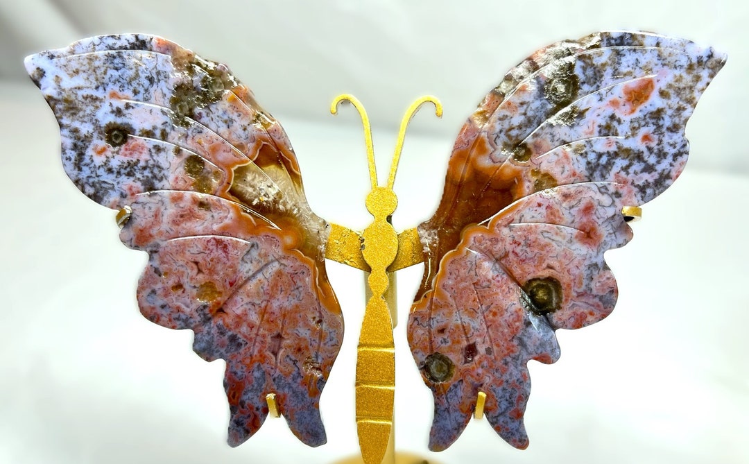 5 1/4x5 1/2 Ocean Jasper Natural Crystal Butterfly Wings W Gold Stand ...