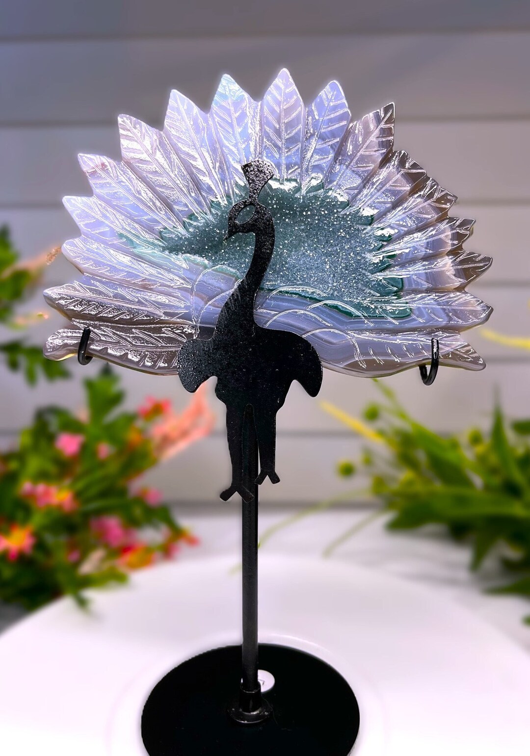 Large Druzy Banded Agate PEACOCK Wings, Black Stand. Orca Agate Natural ...