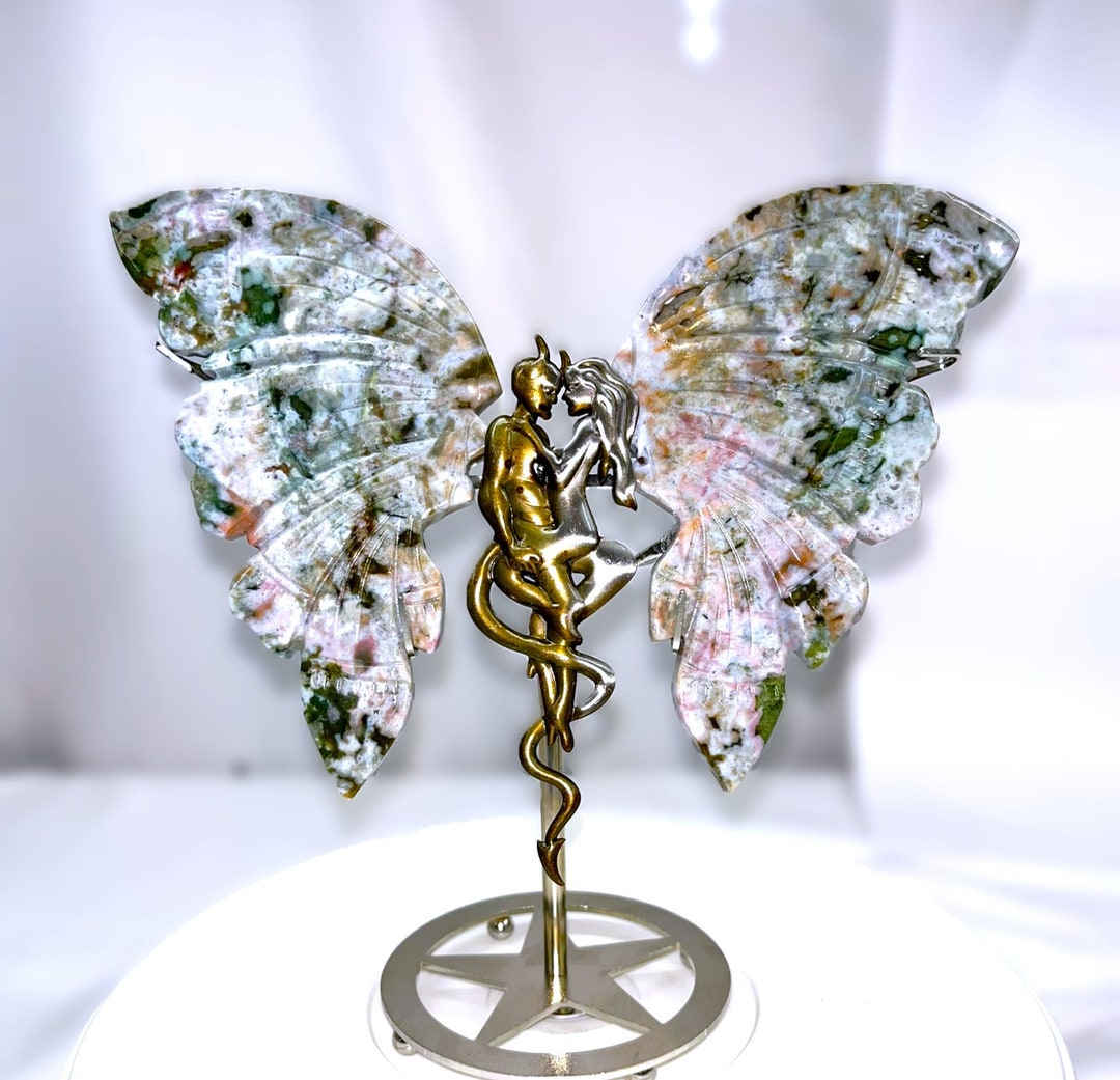 Natural Ocean Jasper Crystal lovers Devil & Angel Wings on Stand ...
