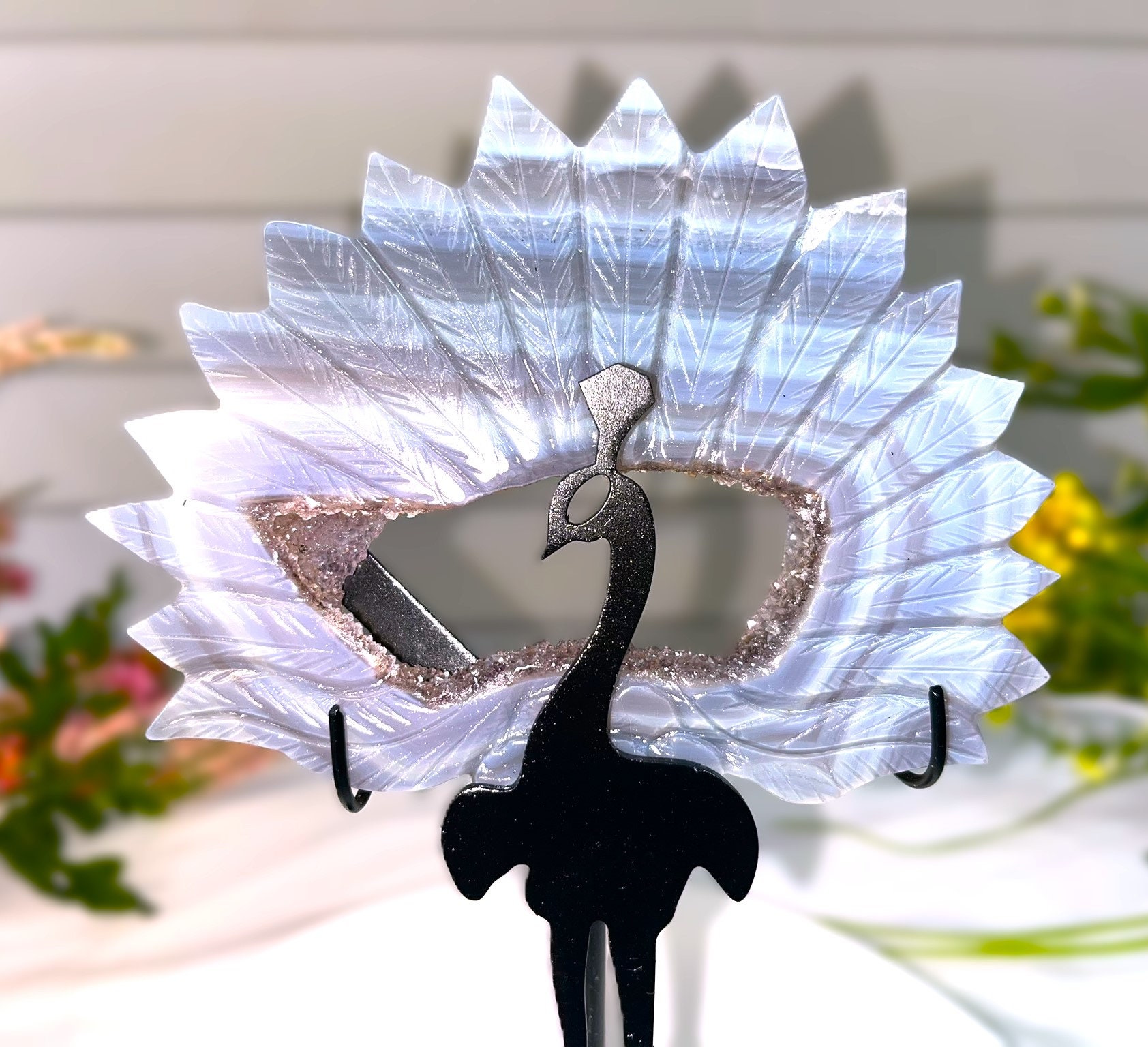 Large Druzy Banded Agate PEACOCK Wings, Black Stand. Orca Agate Natural ...