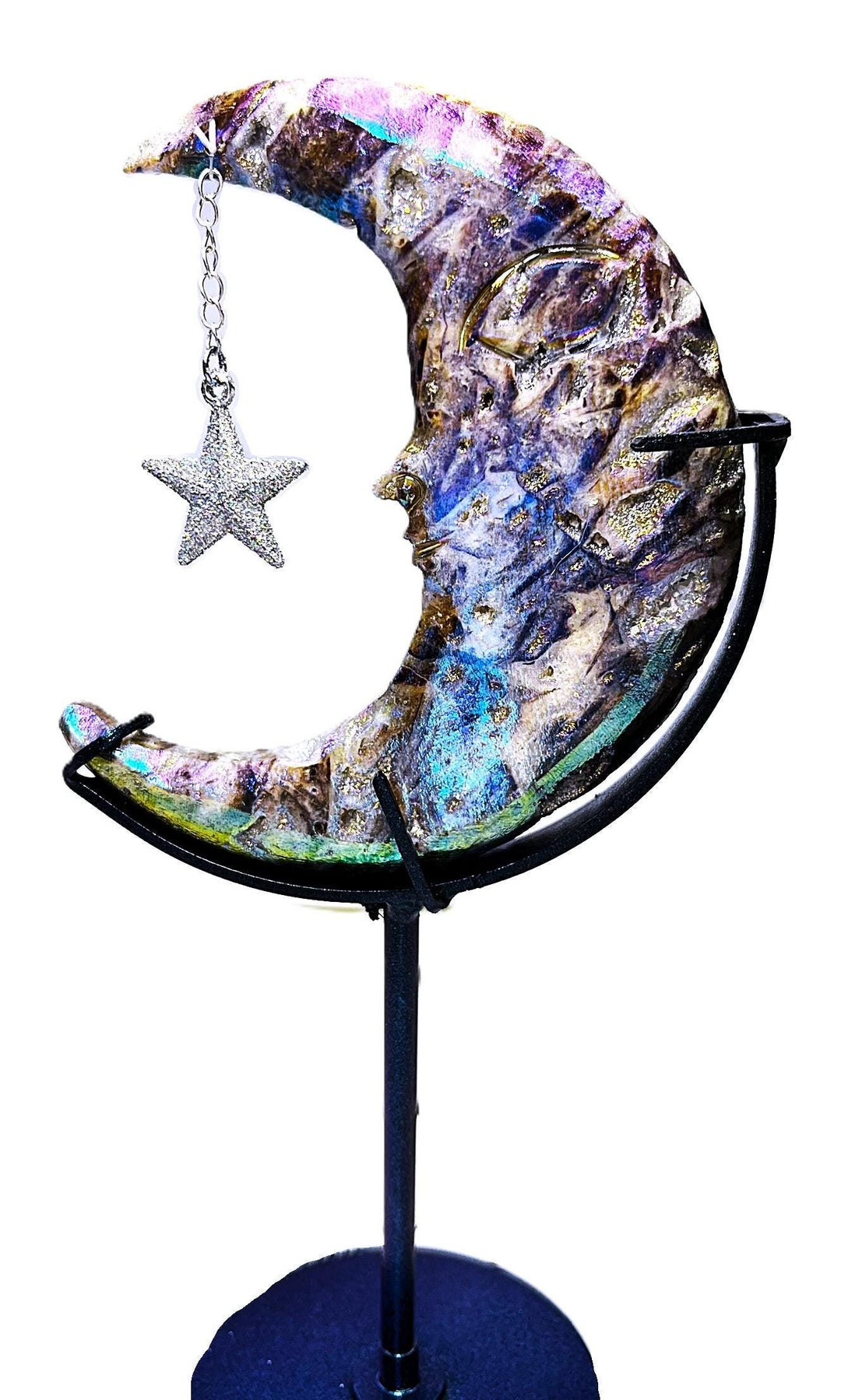 Holographic Star! Rainbow Aura Druzy Crystal SPHALERITE Moon Man Face W ...