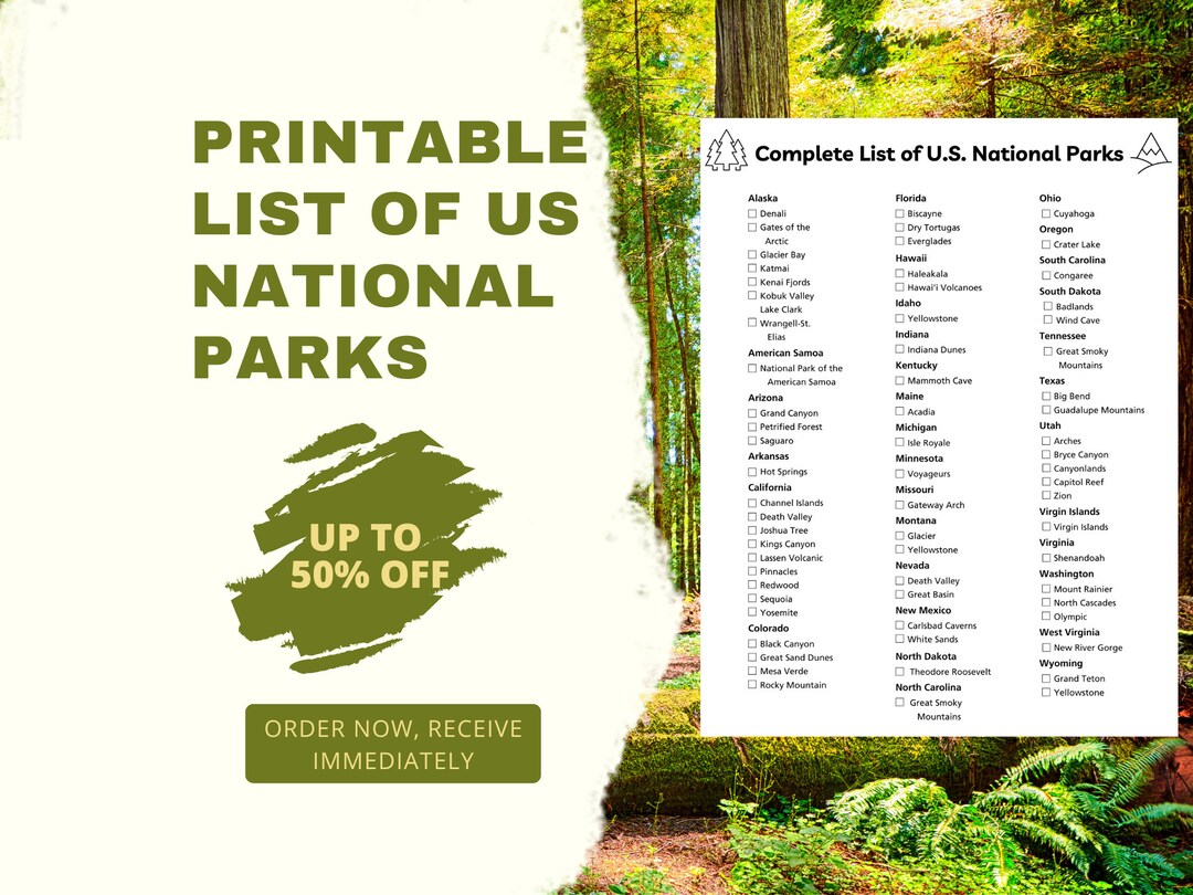 Complete Printable Checklist of US National Parks - Etsy