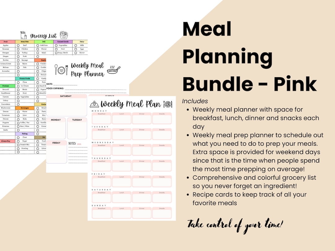 Meal Planning Bundle Printable Pink Meal Planner Grocery - Etsy