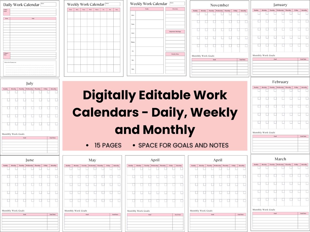 Digitally Editable Work Calendars - Daily, Weekly, and Monthly! Work ...
