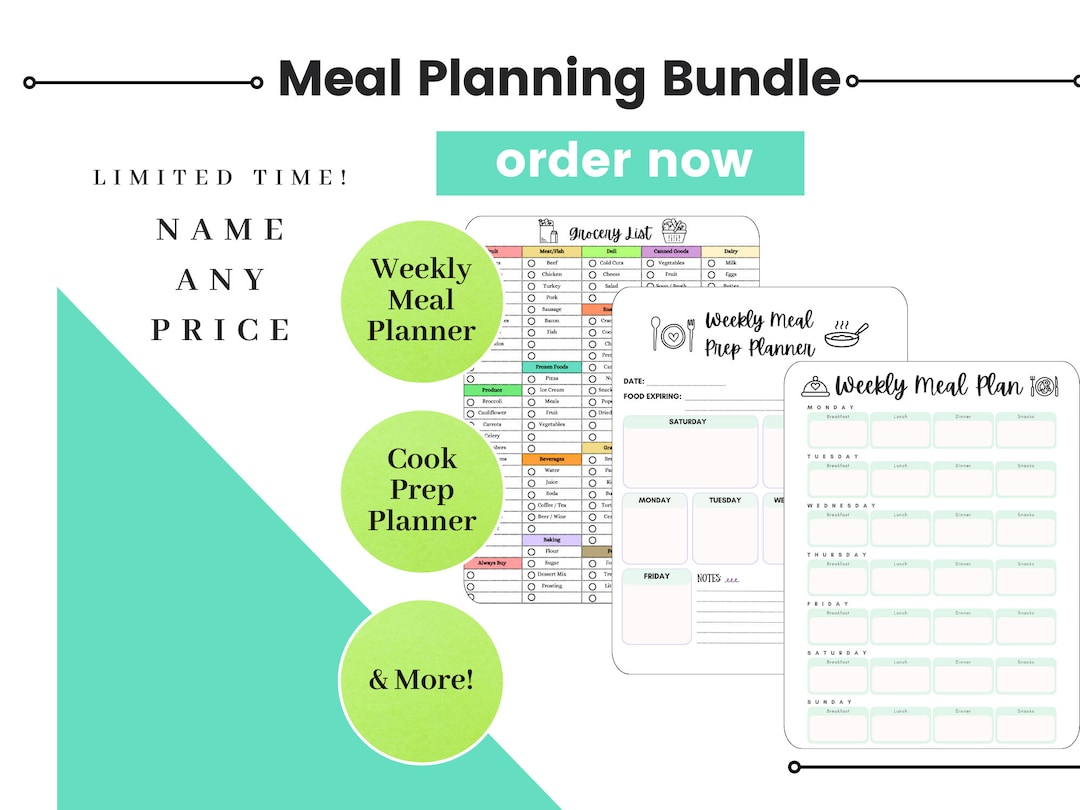 Meal Planning Bundle Printable - Blue, Meal Planner, Grocery List ...