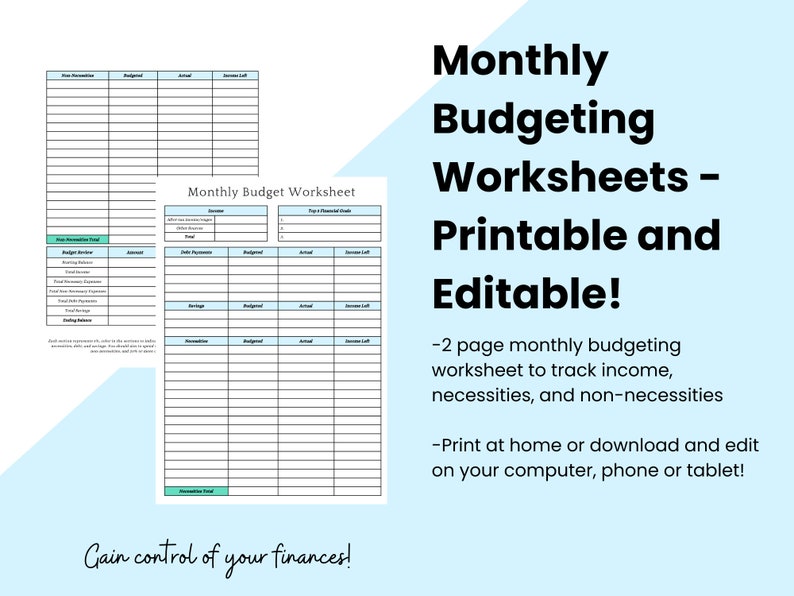 Monthly Budgeting Worksheets Editable, Printable, Budget Planner ...