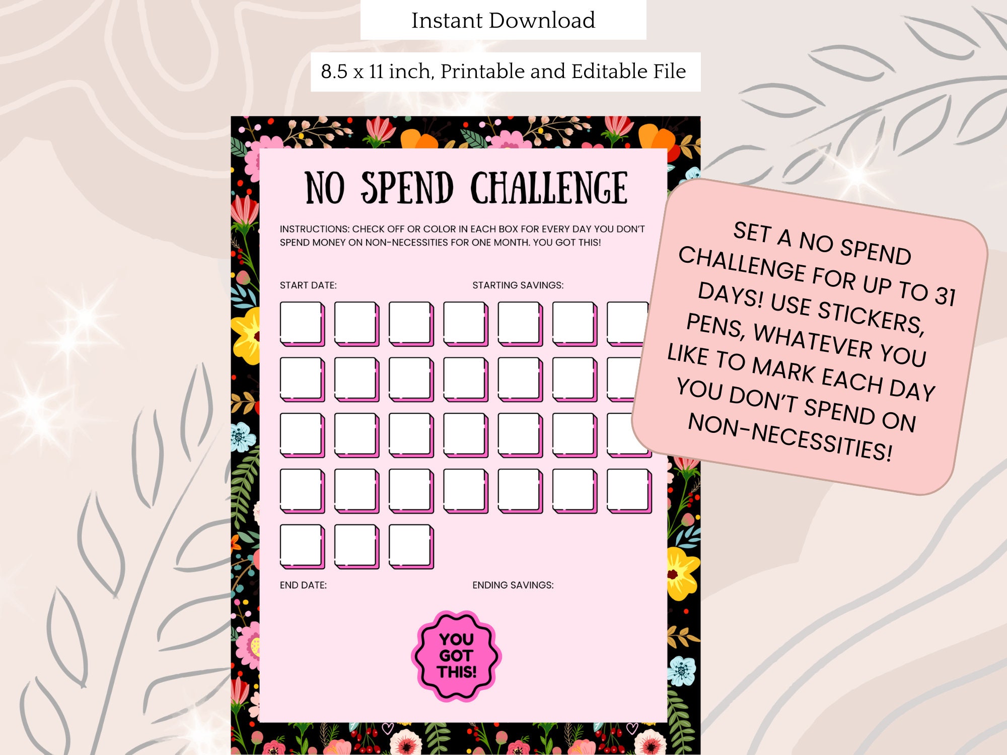 No Spend Challenge Printable Tracker Cute Savings Template, Personal ...