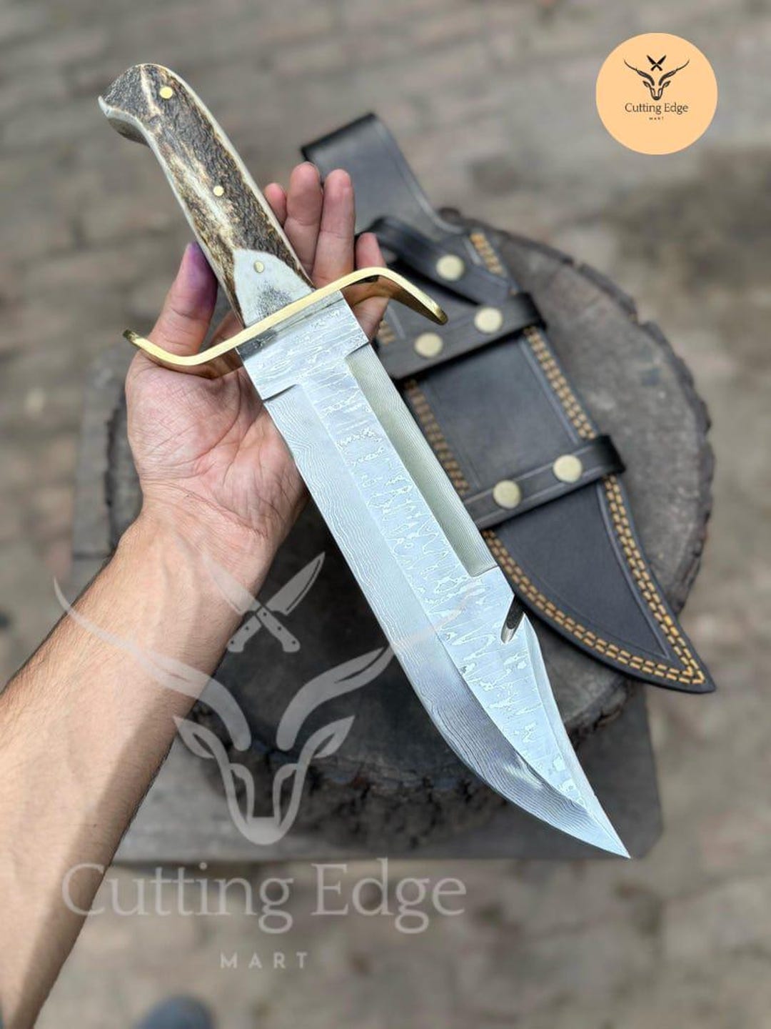 Custom Stainless Damascus Bowie Knife Engraved Blade Hunting Knife ...