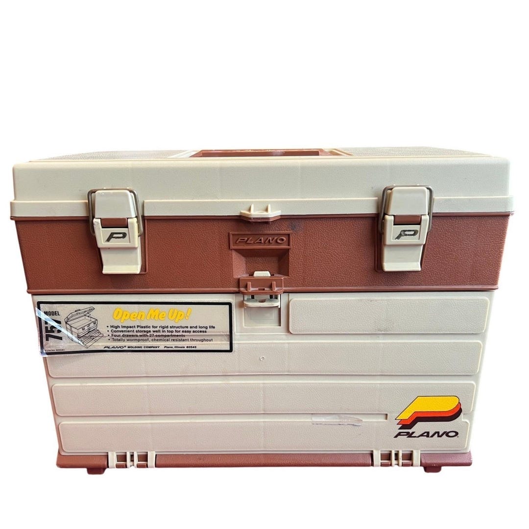 Vintage Plano 757 Tackle Box Storage Organizer Tan Brown 4 Drawers VTG ...