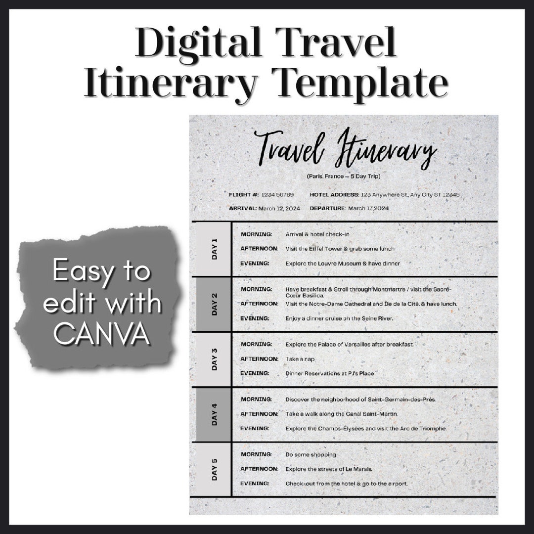 Digital Travel Itinerary Template Etsy
