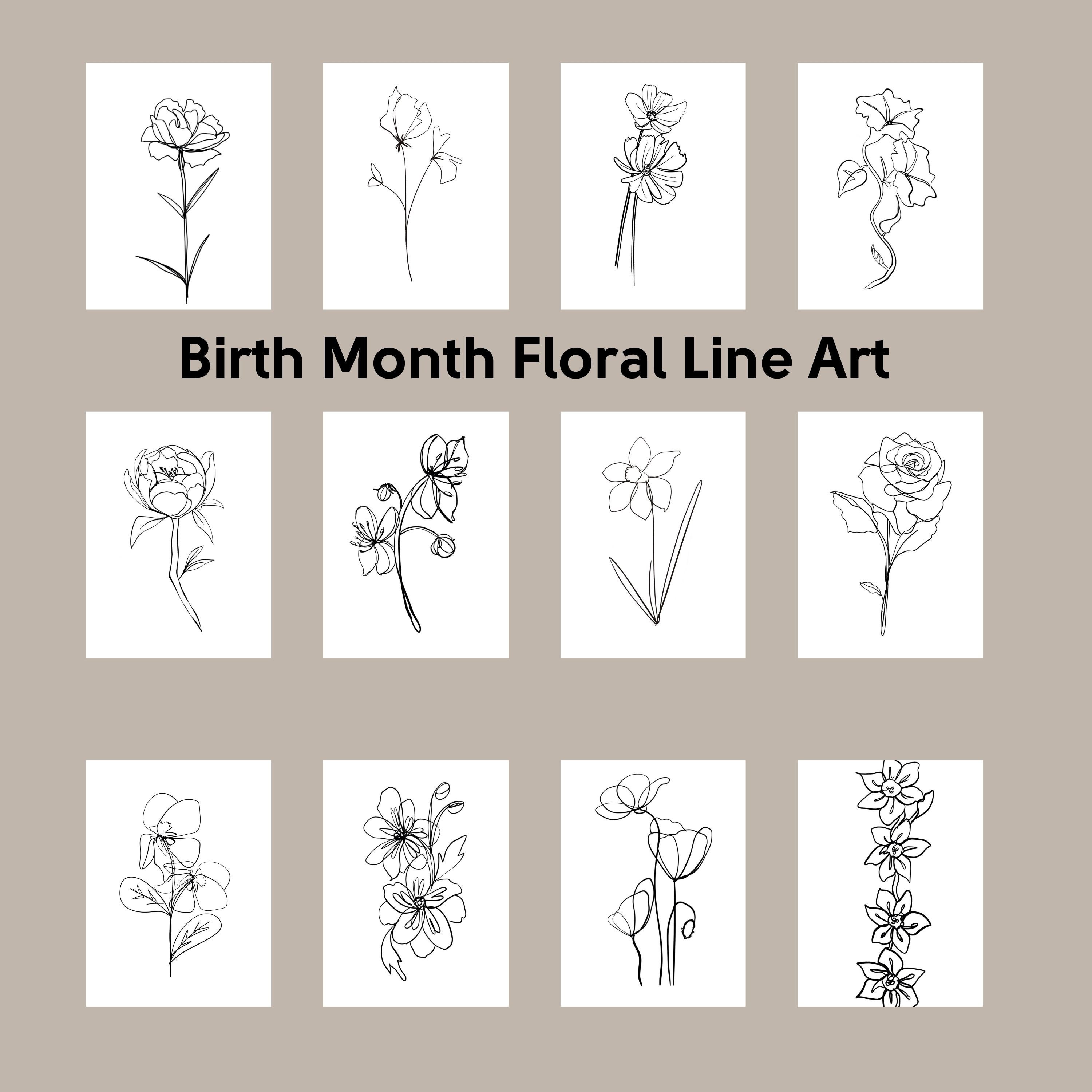 Birth Flower Line Art, Digital Prints, Birth Month Flower Hand Drawn ...