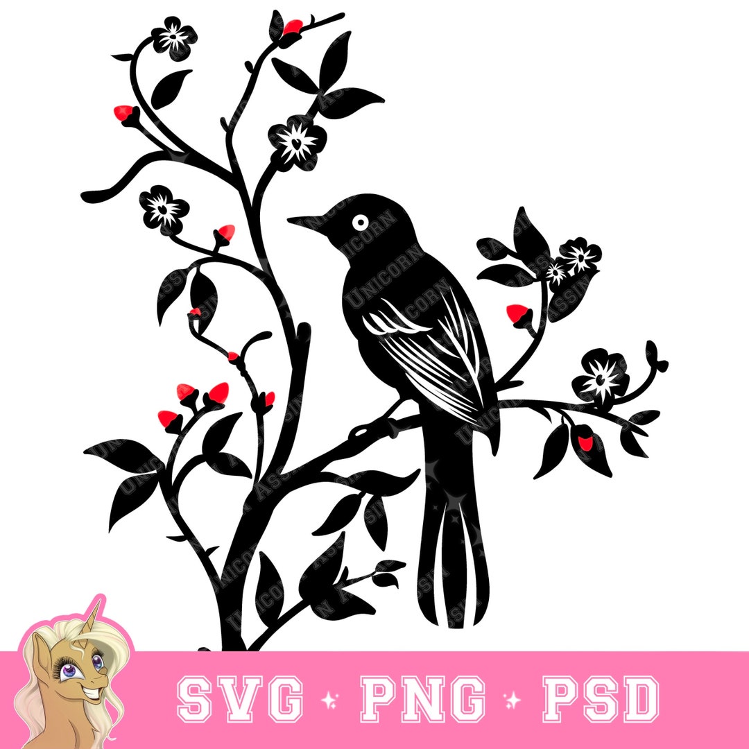 Bird on Red Berry Branch Boho Design SVG PNG PSD Digital Download for ...