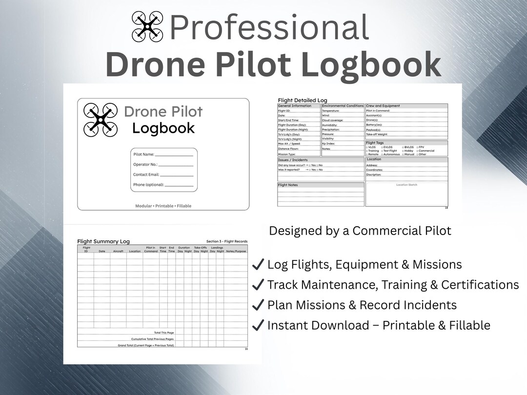 Drone Pilot Logbook PDF | Flight Logs, Maintenance, Operations Trackers ...