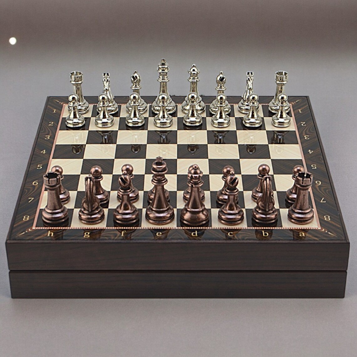 Large Classic Metal Chess Set With Antique Walnut Storage MDF Board ...