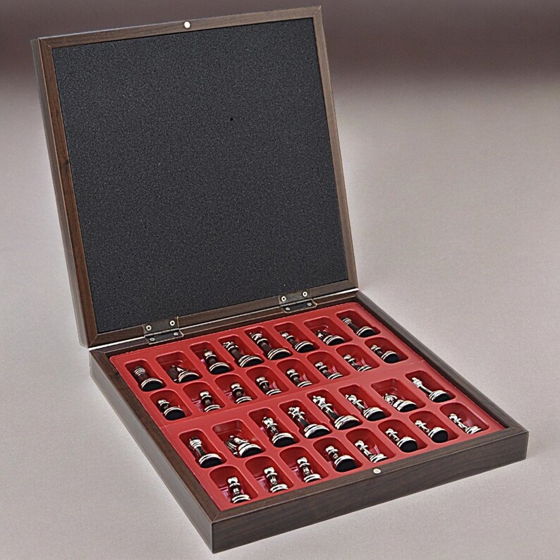Large Classic Metal Chess Set With Antique Walnut Storage MDF Board ...