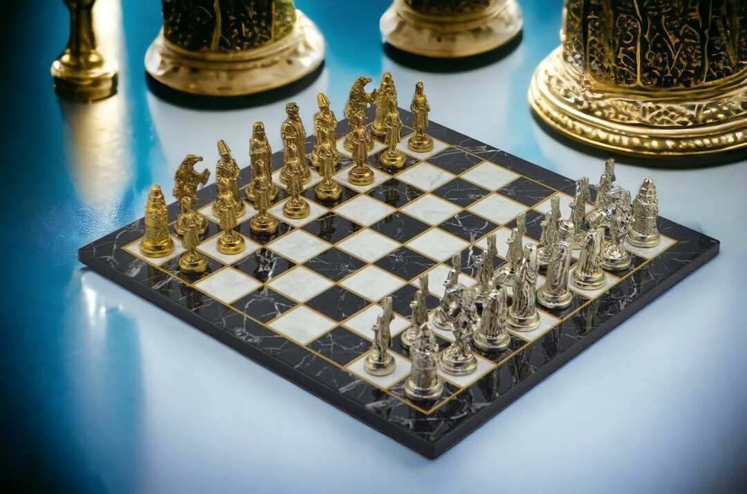 Large Ottoman Metal Chess Set With Glossy Stone and Flat Marble Pattern ...