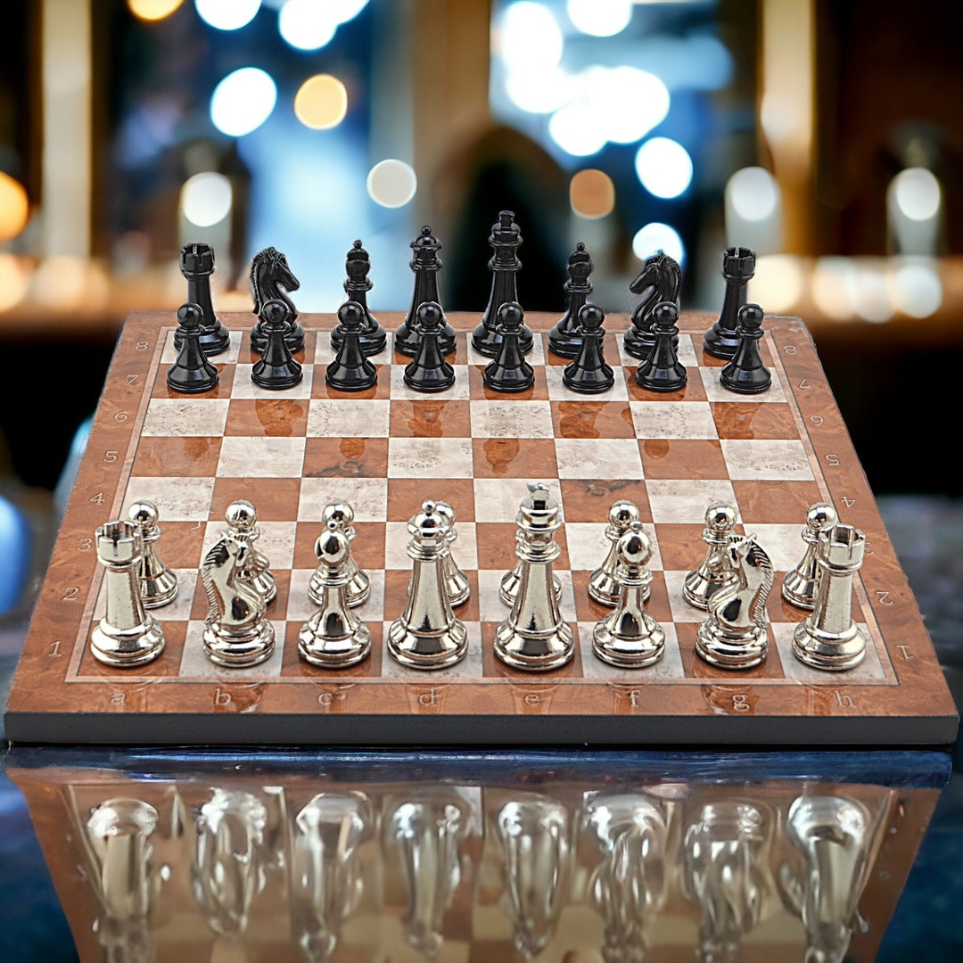 Premium Black Metal Classic Chess Set With Mocha Pattern MDF Board ...
