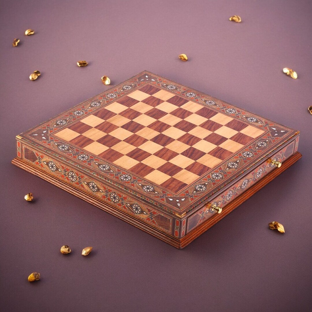 Handmade Large Solid Walnut Wood Chess Board With Drawer and Mother-of ...