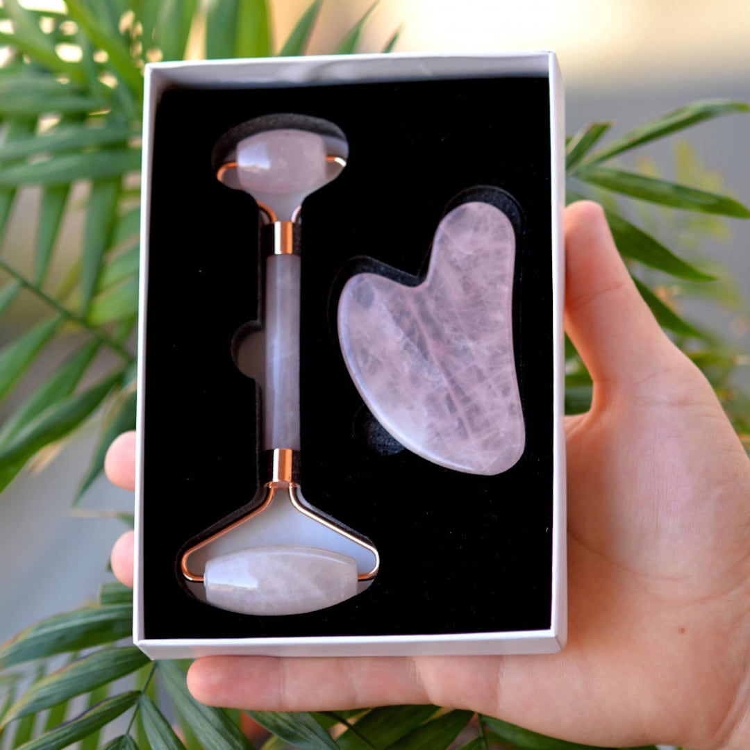 Rose Quartz Gua Sha and Roller Massage Stone Set Natural - Etsy