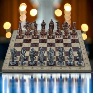 Large British Royalty Metal Chess Set With Antique and Red Marble ...