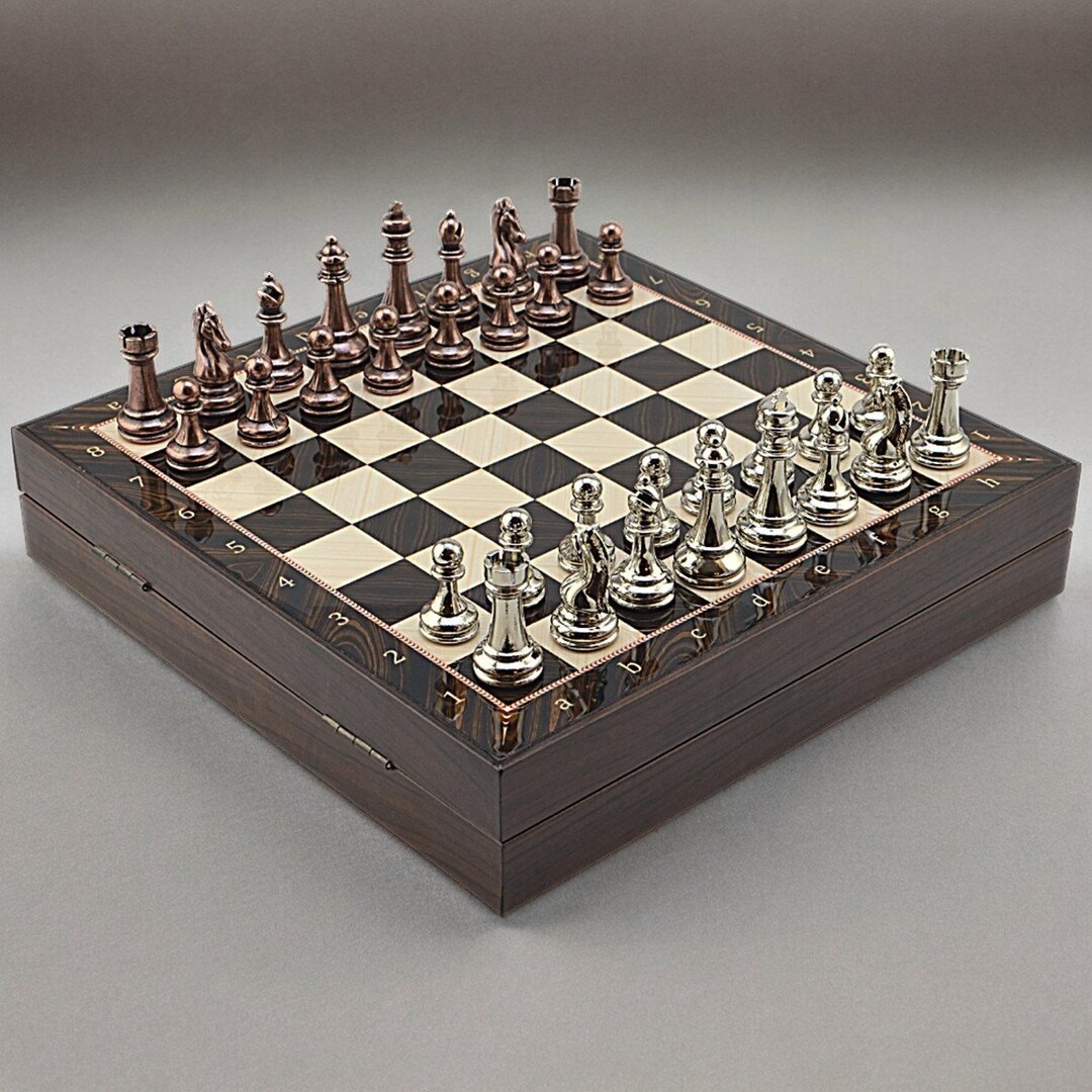 Large Classic Metal Chess Set With Antique Walnut Storage MDF Board ...