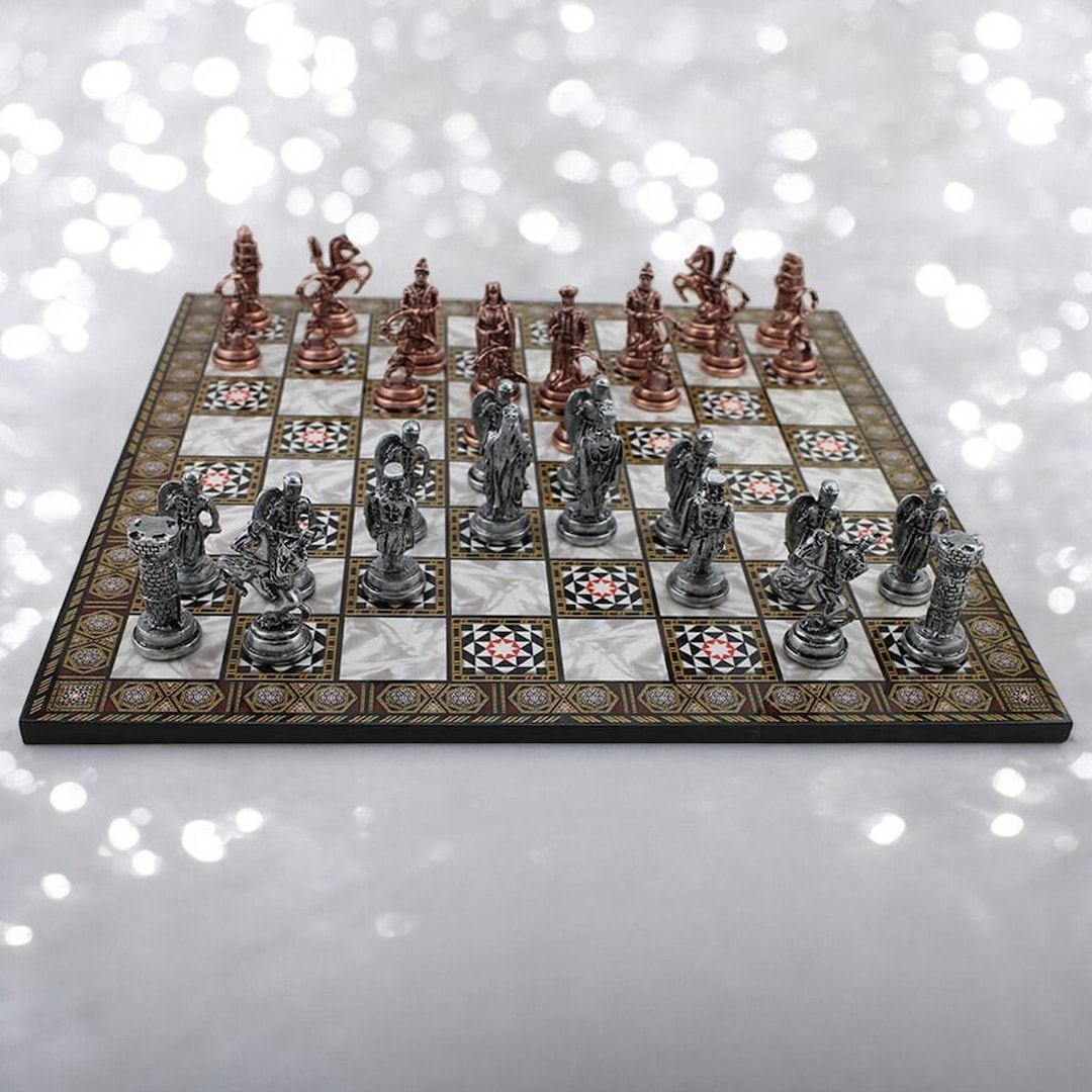 Medium Metal Ottoman Byzantine Chess Set With Antique Copper and Mother ...