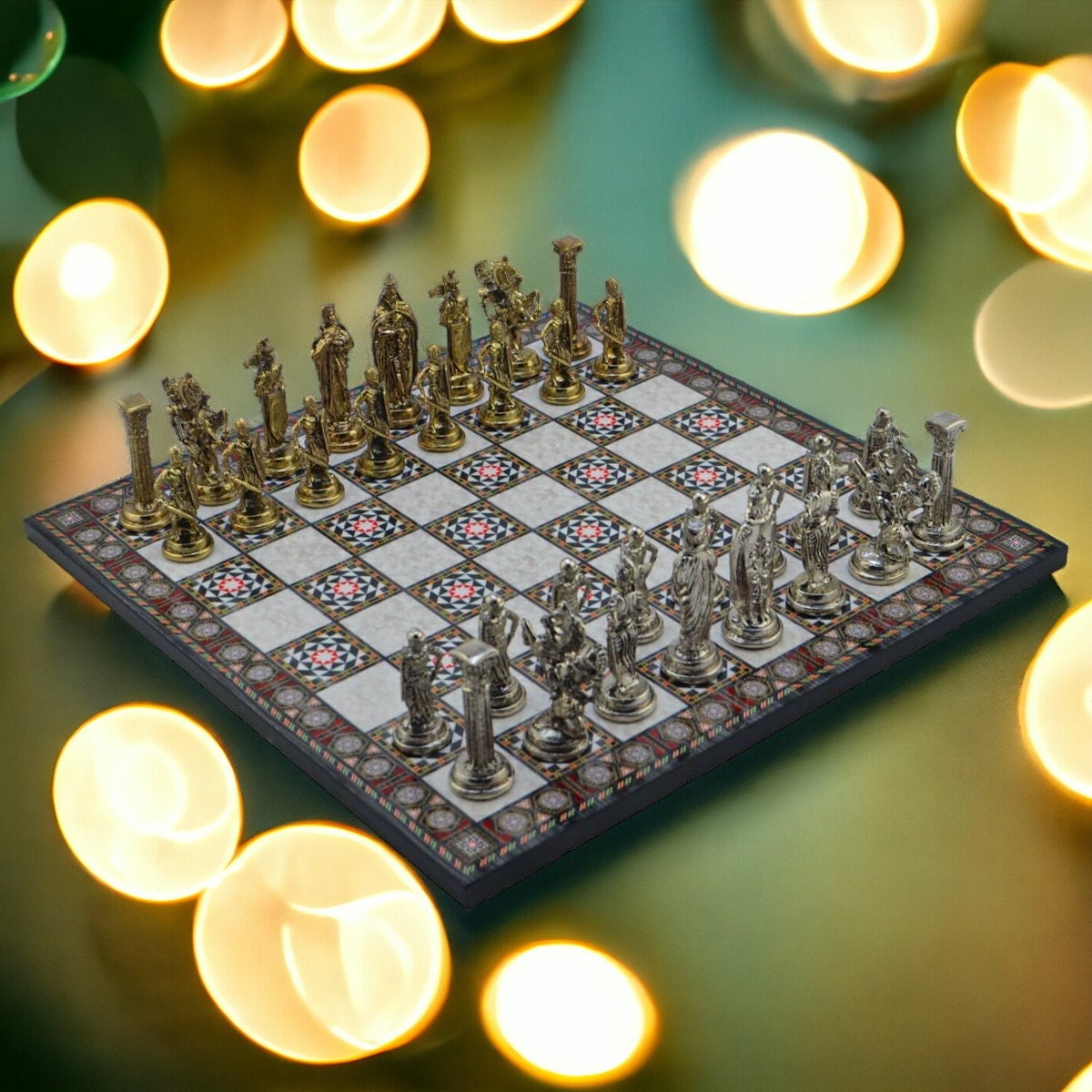 Large British Royalty Metal Chess Set With Glossy Stone and Mother-of ...