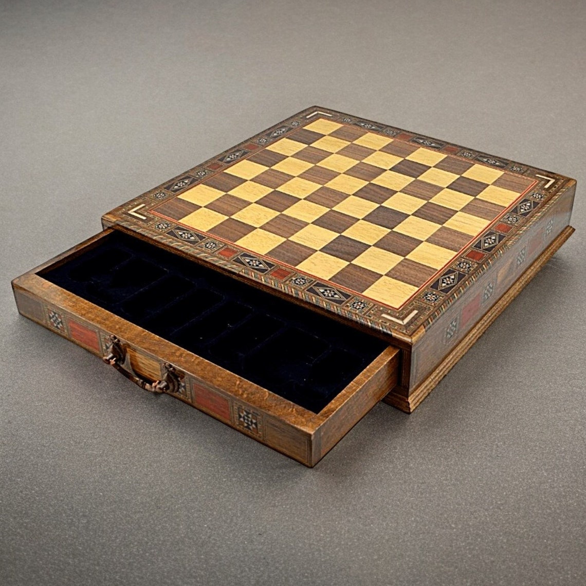 Handmade Solid Wood Chess Board With Drawer and Mother-of-pearl Inlays ...