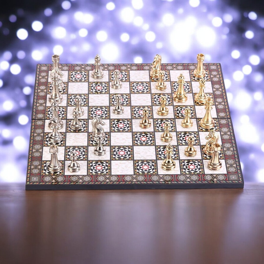Metal Classic Chess Set With Glossy Foldable Mother of Pearl Patterned ...