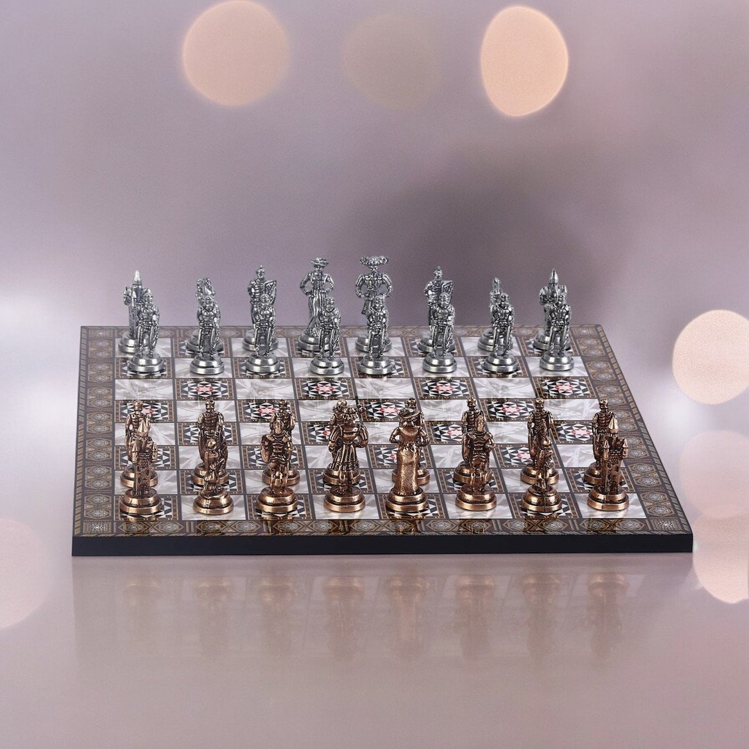 Antique Medium Metal Spanish Chess Set With Mother-of-pearl Patterned ...