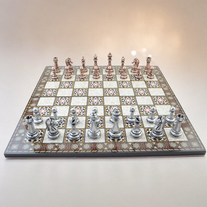 Foldable Classic Metal Chess Set With Antique Mother of Pearl Patterned ...