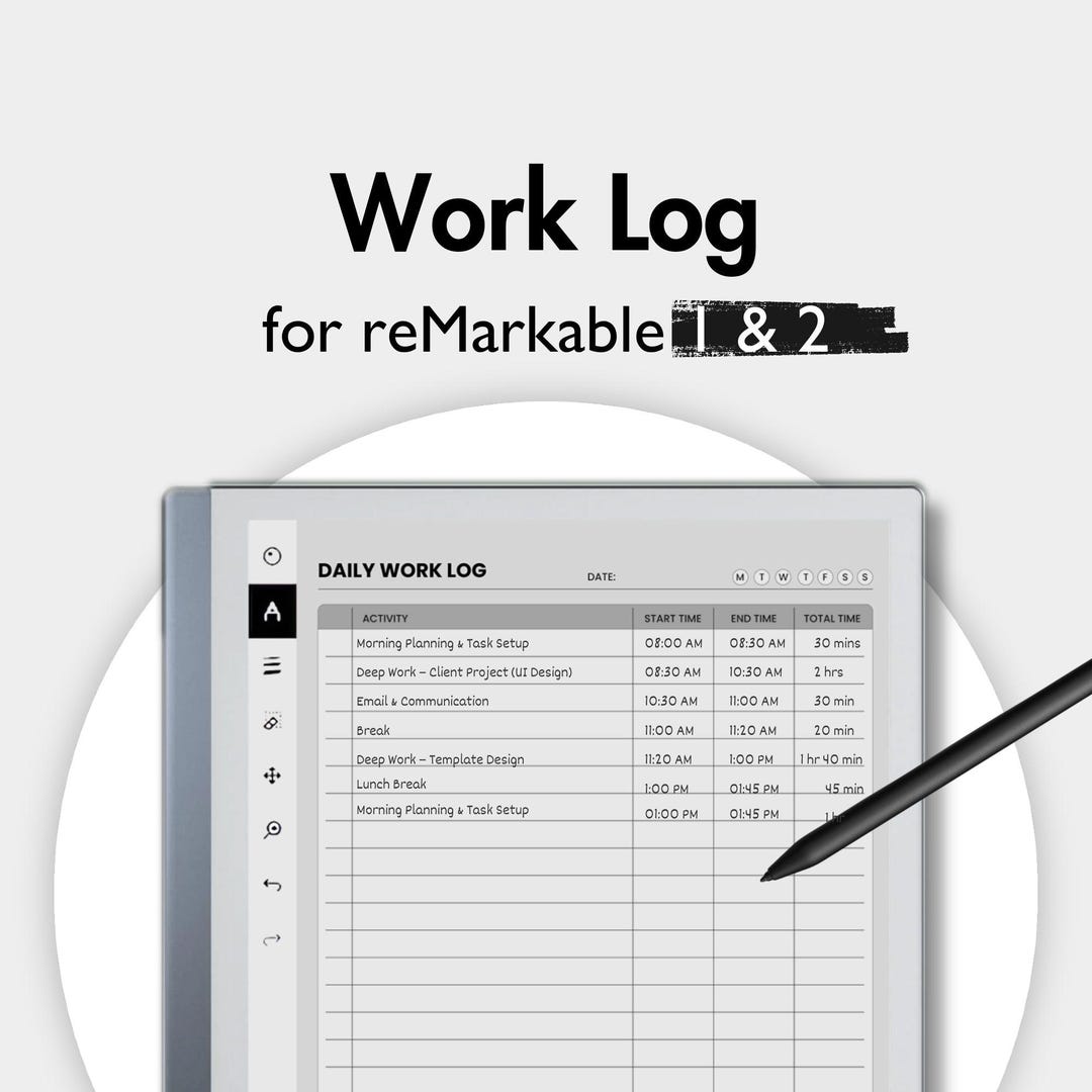 Work Log Template for Remarkable 2, Work Time Log, Hours Worked Tracker ...